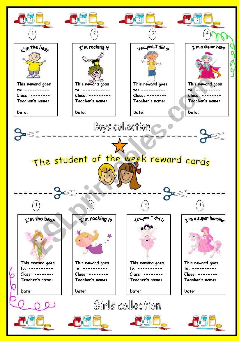 The student of the week reward cards´ - ESL worksheet by Mouna mch