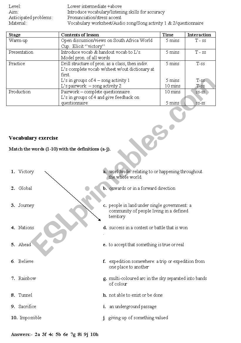 English worksheets: Lesson plan using a song - World Cup song ´Sign of ...