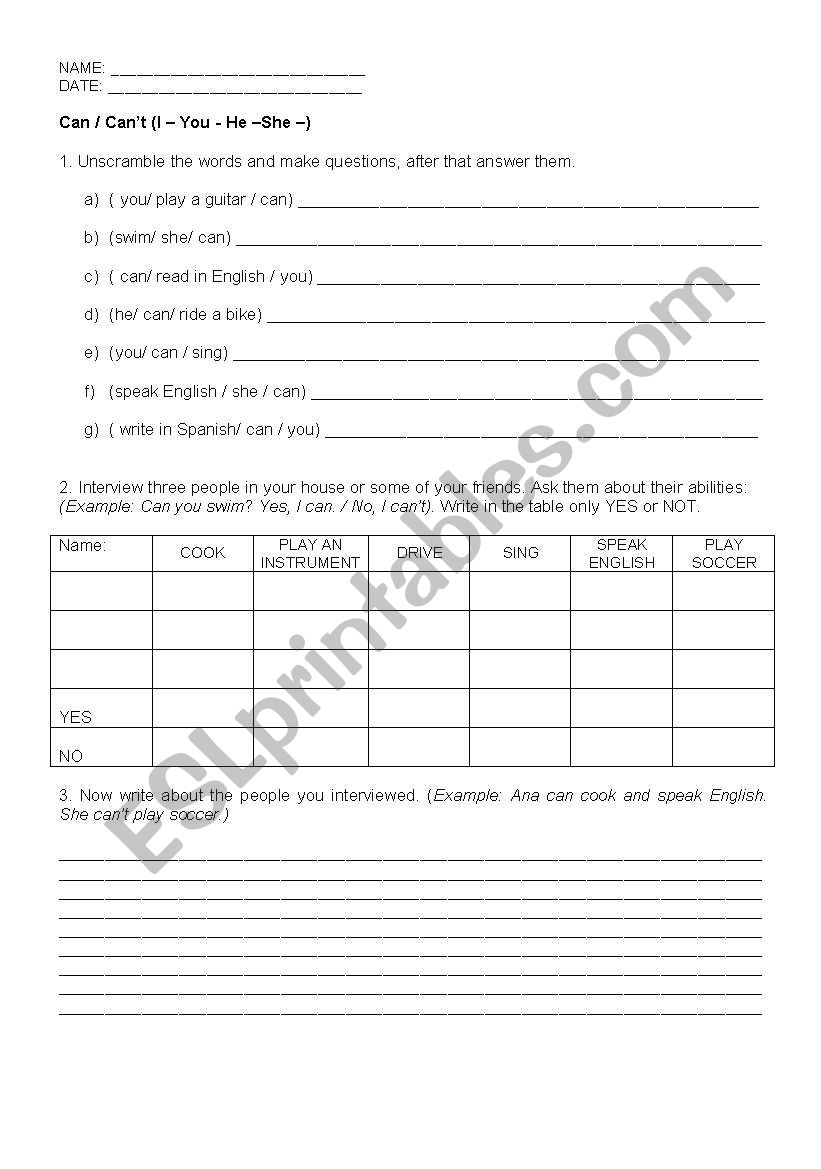 can _can´t (affirmative, negative and questions) - ESL worksheet by lainecz