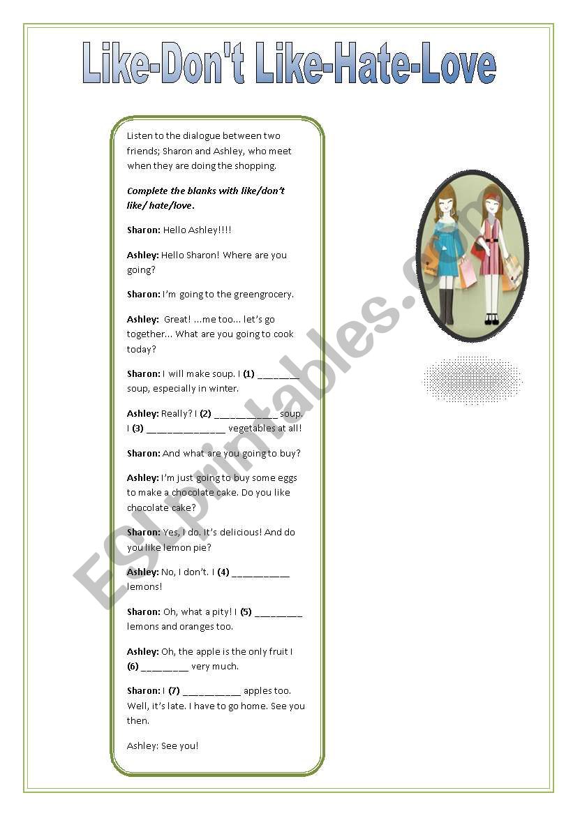 I/ YOU Like-Don´t Like-Hate-Love - ESL worksheet by Jessisun