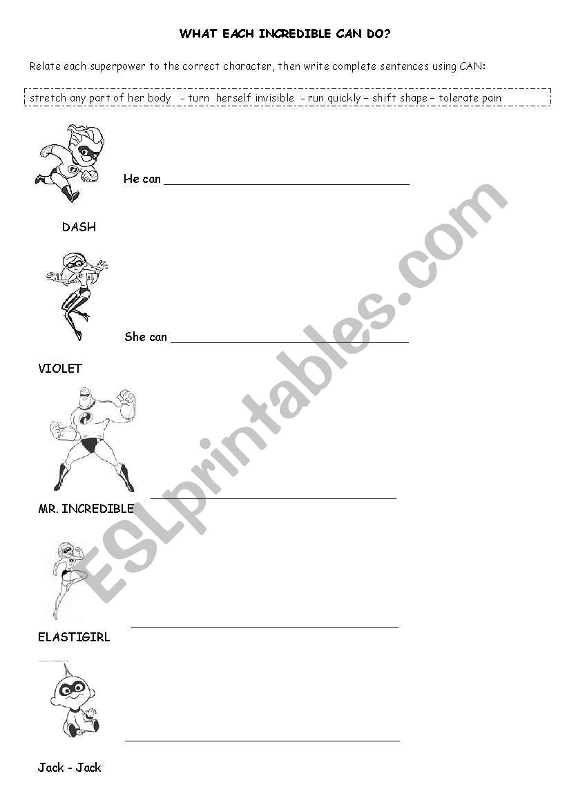 THE INCREDIBLES´S ABILITIES - ESL worksheet by Dani Uchôa