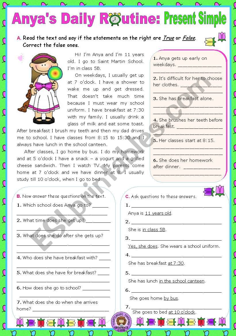 Anya´s Daily Routine (Simple Present) - Reading Comprehension - ESL worksheet by mena22