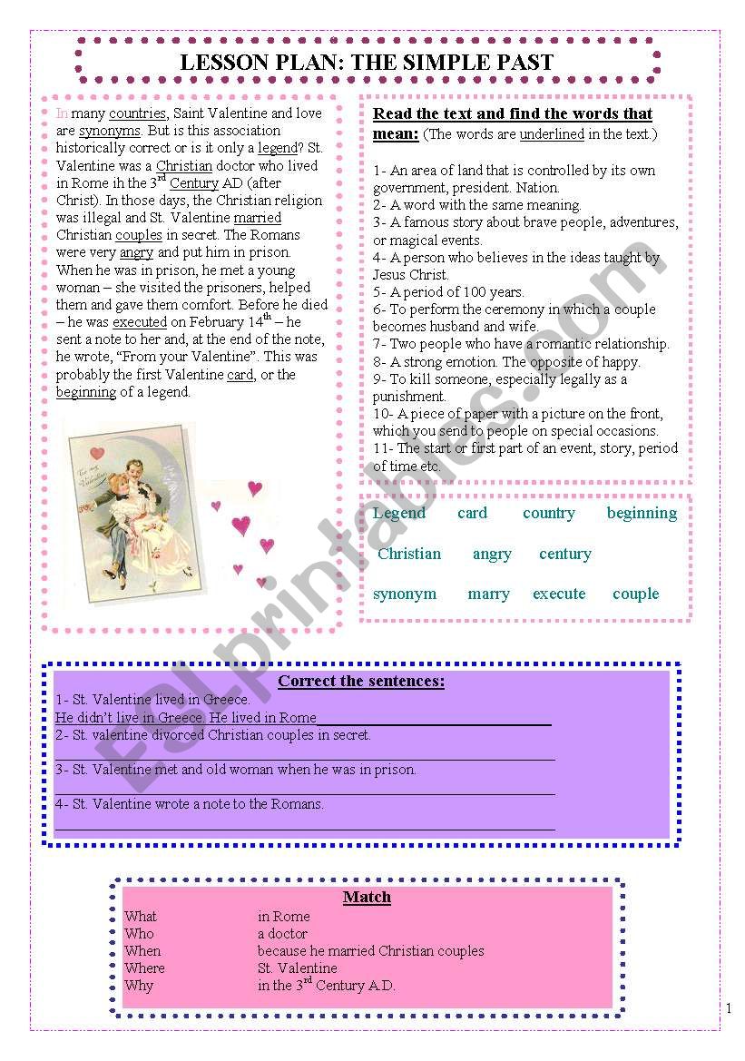 The simple past and St. Valentine´s day (editable with answers) - ESL ...