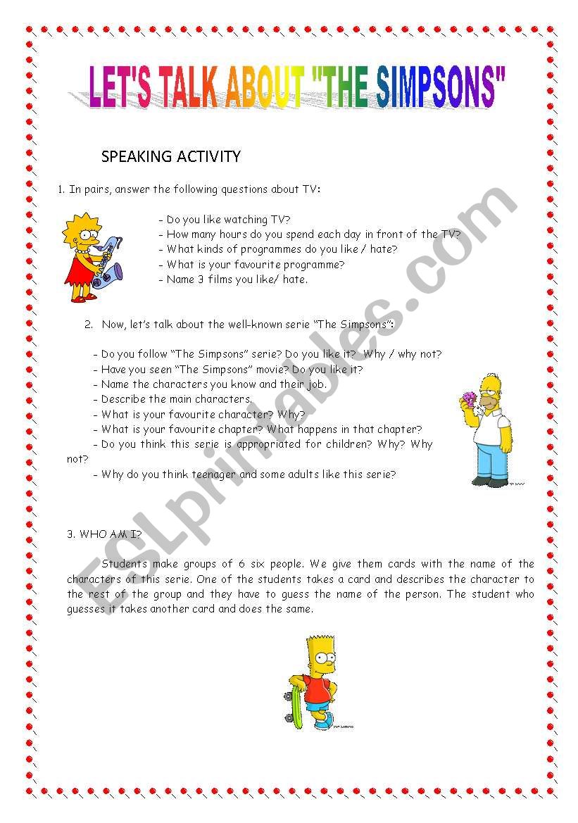 letÂ´s talk about "The Simpsons" - ESL worksheet by baby boop