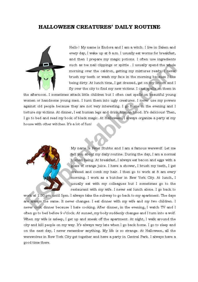 Halloween creatures´ daily routine - ESL worksheet by elo1012