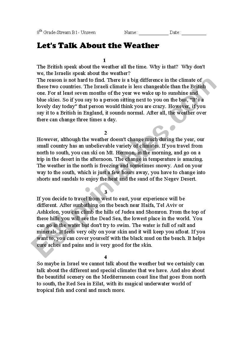 Let´s talk bout the weather-unseen passage - ESL worksheet by semmy