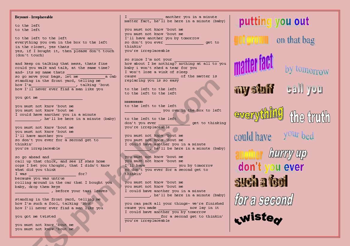 SONG: BeyoncÃ© - Irreplaceable - ESL worksheet by lwymax