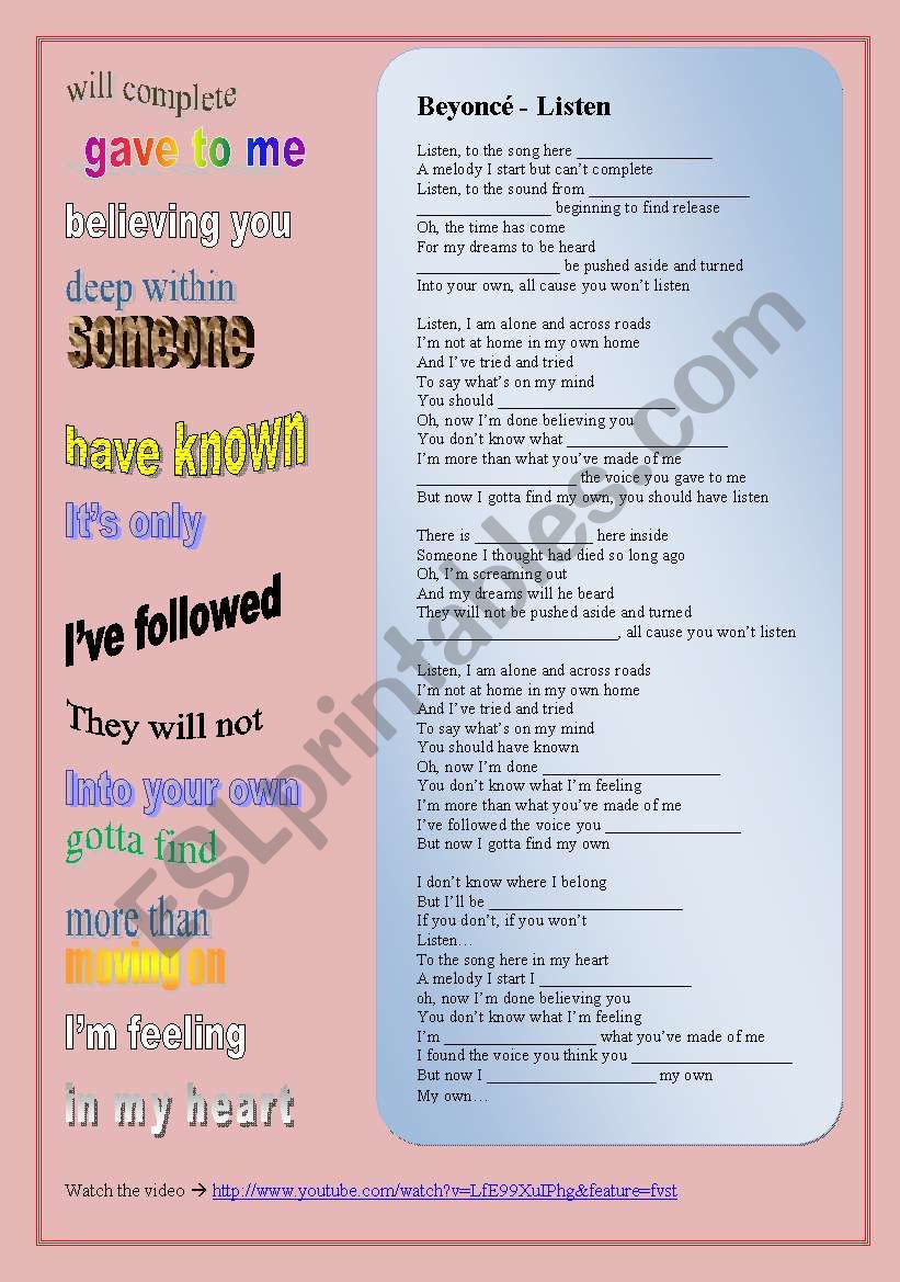 SONG: Beyoncé - Listen - ESL worksheet by lwymax