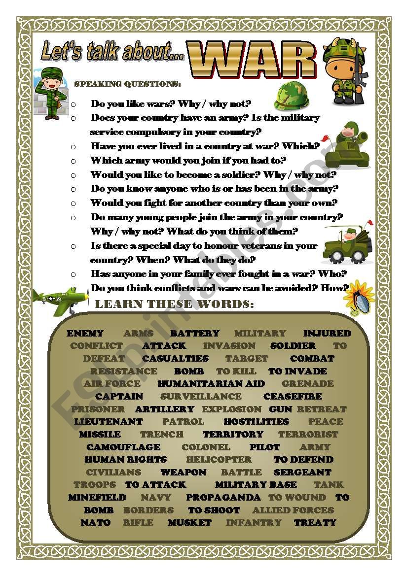 LET´S TALK ABOUT WAR (SPEAKING SERIES 73) - ESL worksheet by joebcn