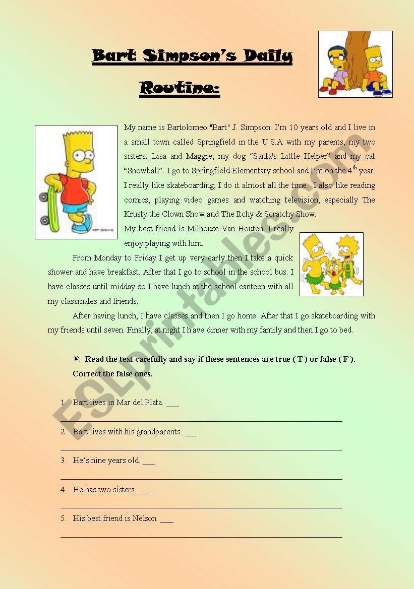 Bart SimpsonÂ´s daily routine - ESL worksheet by Carlitta