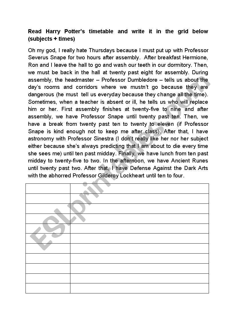 Harry Potter´s timetable - ESL worksheet by braincrusher