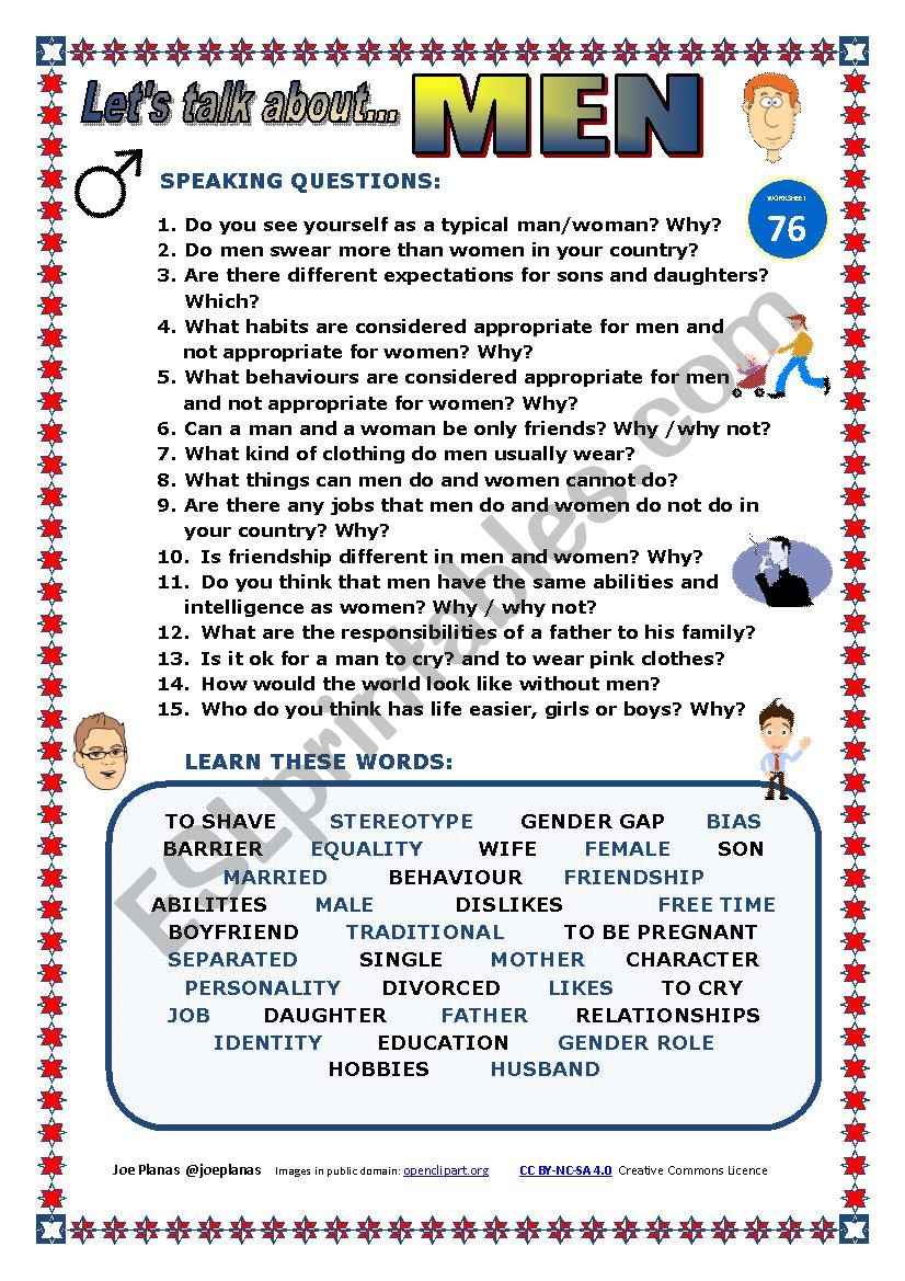 LET´S TALK ABOUT MEN (SPEAKING SERIES 76) NEW VERSION - ESL worksheet ...