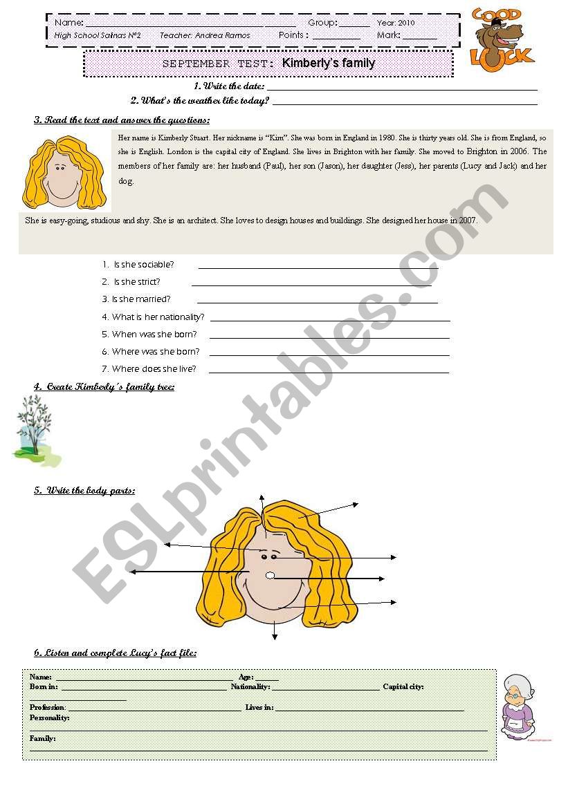 Kimberly´s family test - ESL worksheet by mandrea1111