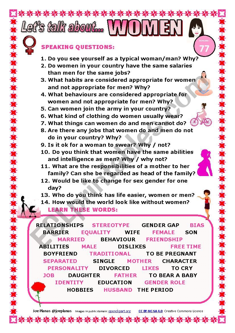LET´S TALK ABOUT WOMEN (SPEAKING SERIES 77) NEW VERSION - ESL worksheet ...