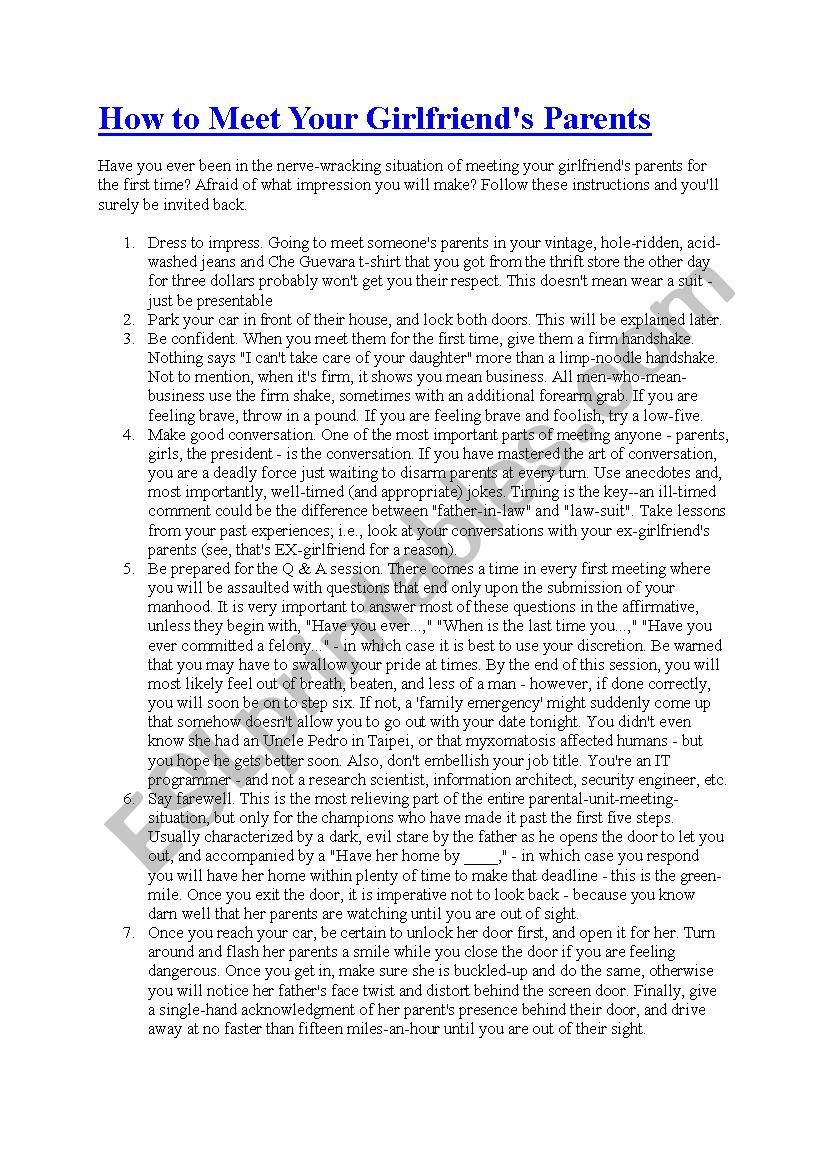 How to meet your girlfriend´s parents - ESL worksheet by cecile dardenne