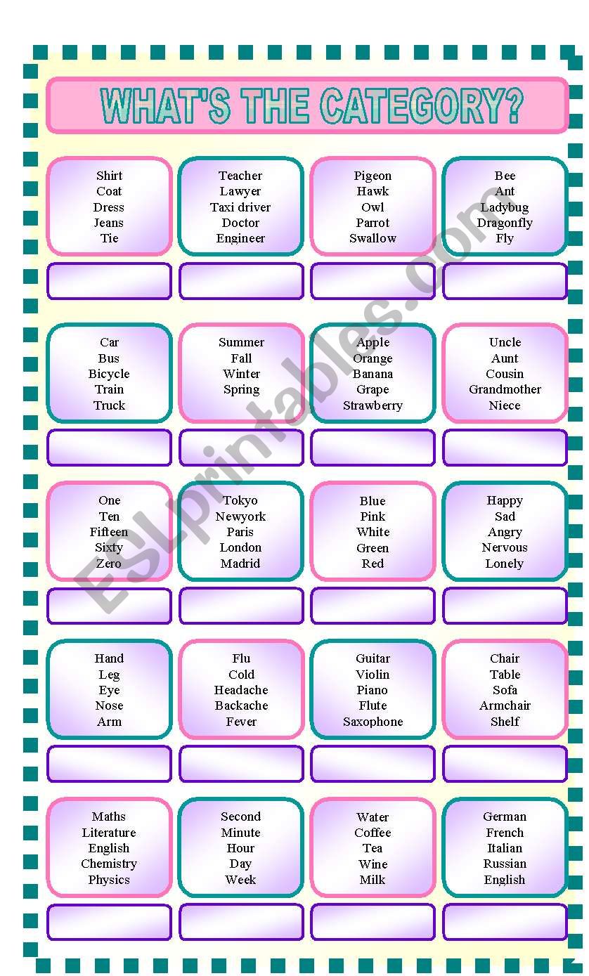 What´s the category ? - ESL worksheet by lazylittlelady