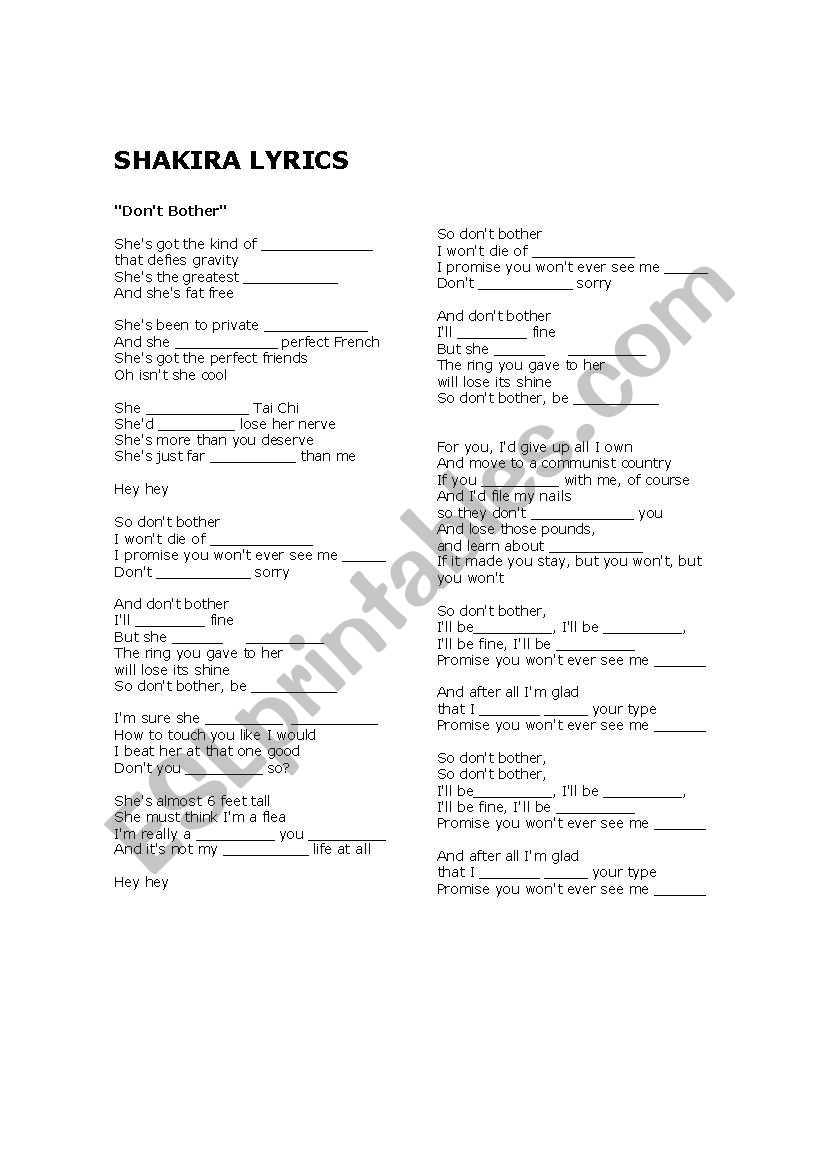 SHAKIRA-Don´t Bother - ESL worksheet by silvia367