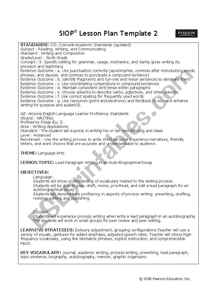 Language Arts 6th Grade Lesson Plan ESL Worksheet By Betsystribble