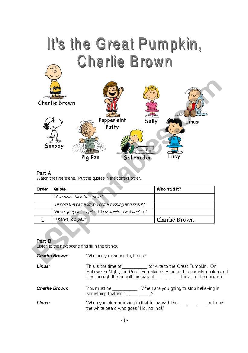It´s the Great Pumpkin, Charlie Brown - ESL worksheet by chrissmolder