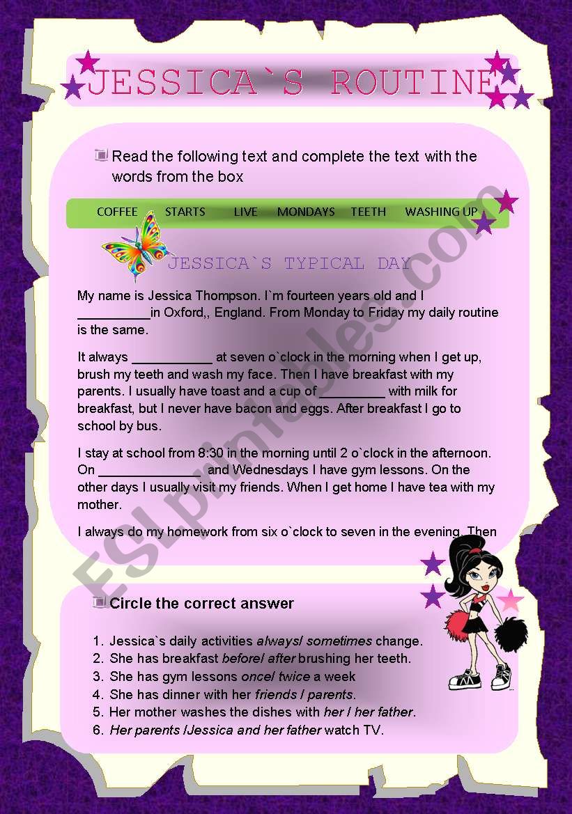 Jessica`s Routine - ESL worksheet by EnioTigre