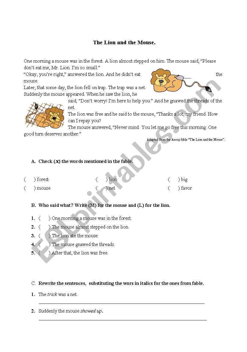 The lion and the mouse (Aesopo´s) - ESL worksheet by agnpedro