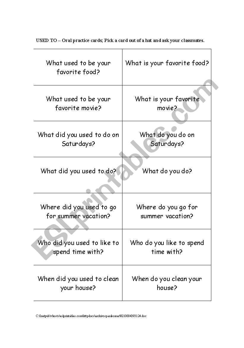 Grammar: Â´Used toÂ´ Practice Speaking Questions - ESL worksheet by balance