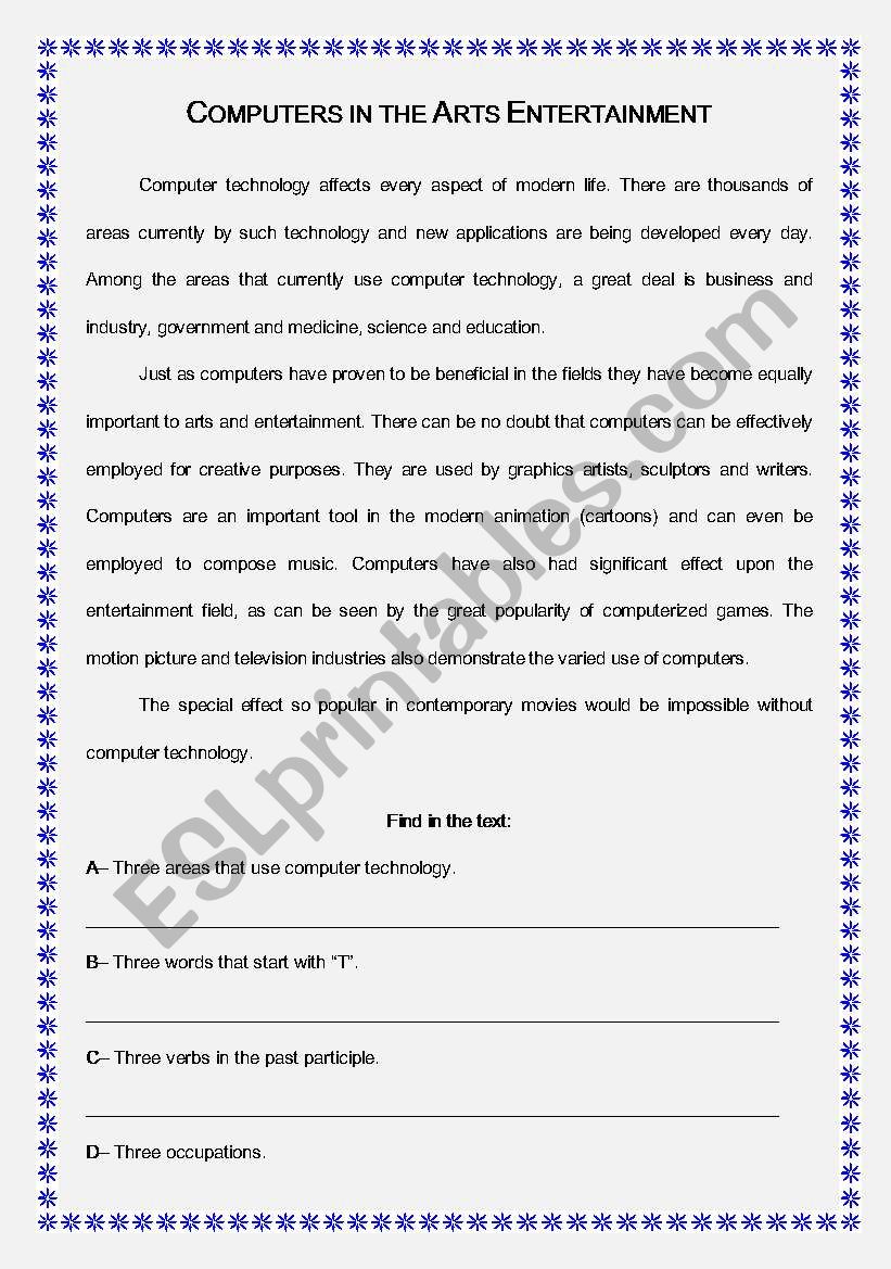 Reading Comprehension – Computers in the art entertainment - ESL ...