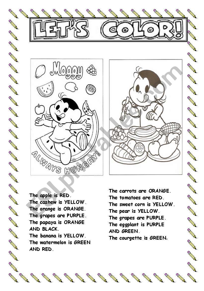 FRUIT AND VEGETABLES- LET ´S COLOR!!!!!!!!!!!!! - ESL worksheet by Jupink
