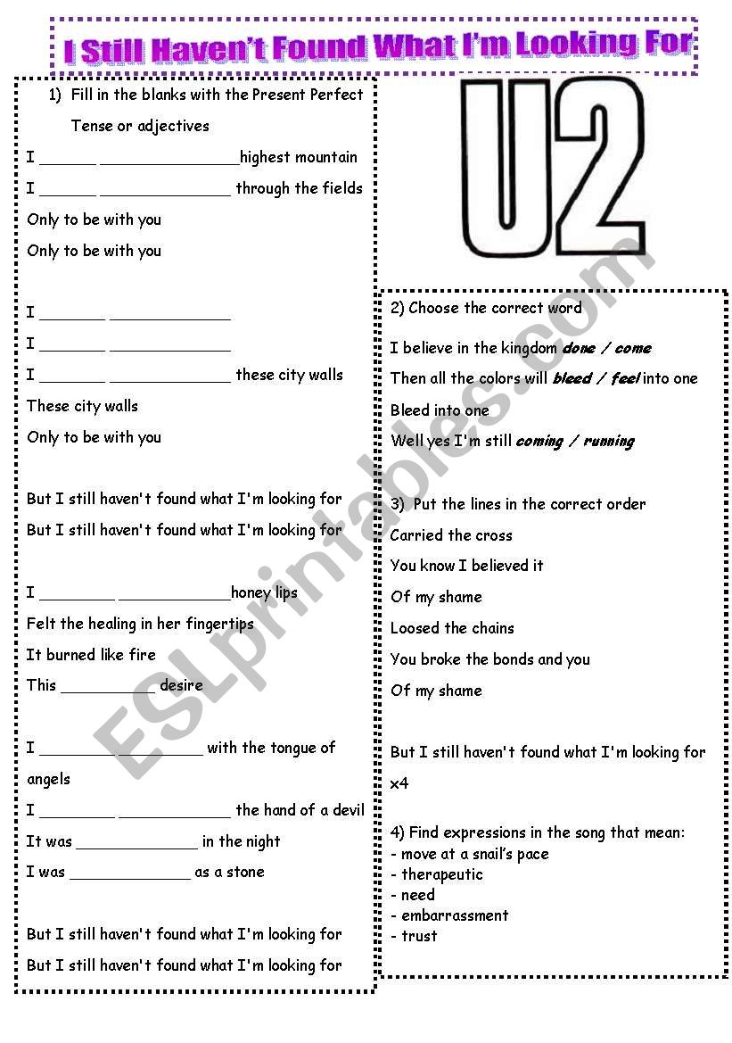 U2-I Still Haven´t Found What I´m Looking For - ESL worksheet by CanArg
