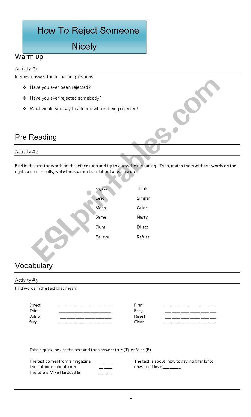English Worksheets How To Reject Someone Nicely