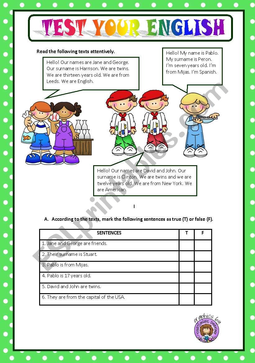 TEST YOUR ENGLISH BEGINNERS ESL Worksheet By Macomabi