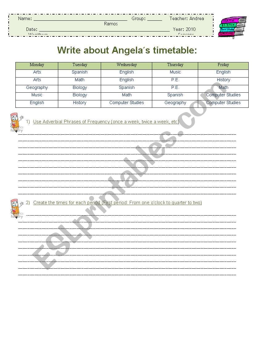 English worksheets: Angela´s timetable