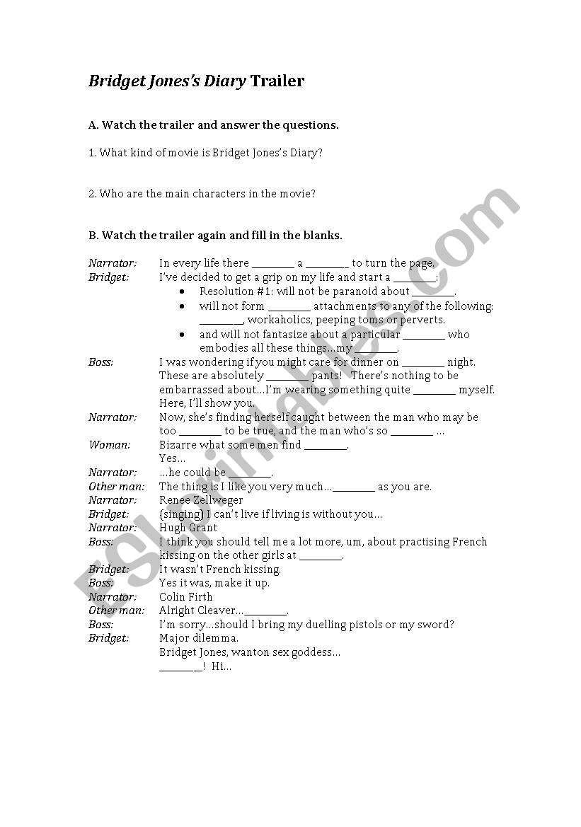 Bridget Jones´ Diary Trailer - ESL worksheet by chrissmolder