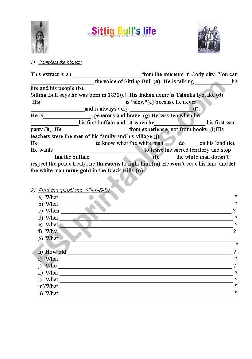 English worksheets: Sitting Bull´s life