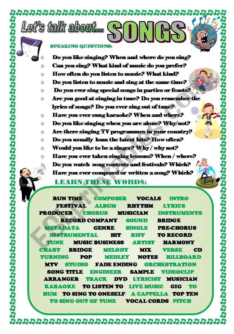 LET´S TALK ABOUT SONGS (SPEAKING SERIES 84) - ESL worksheet by joebcn