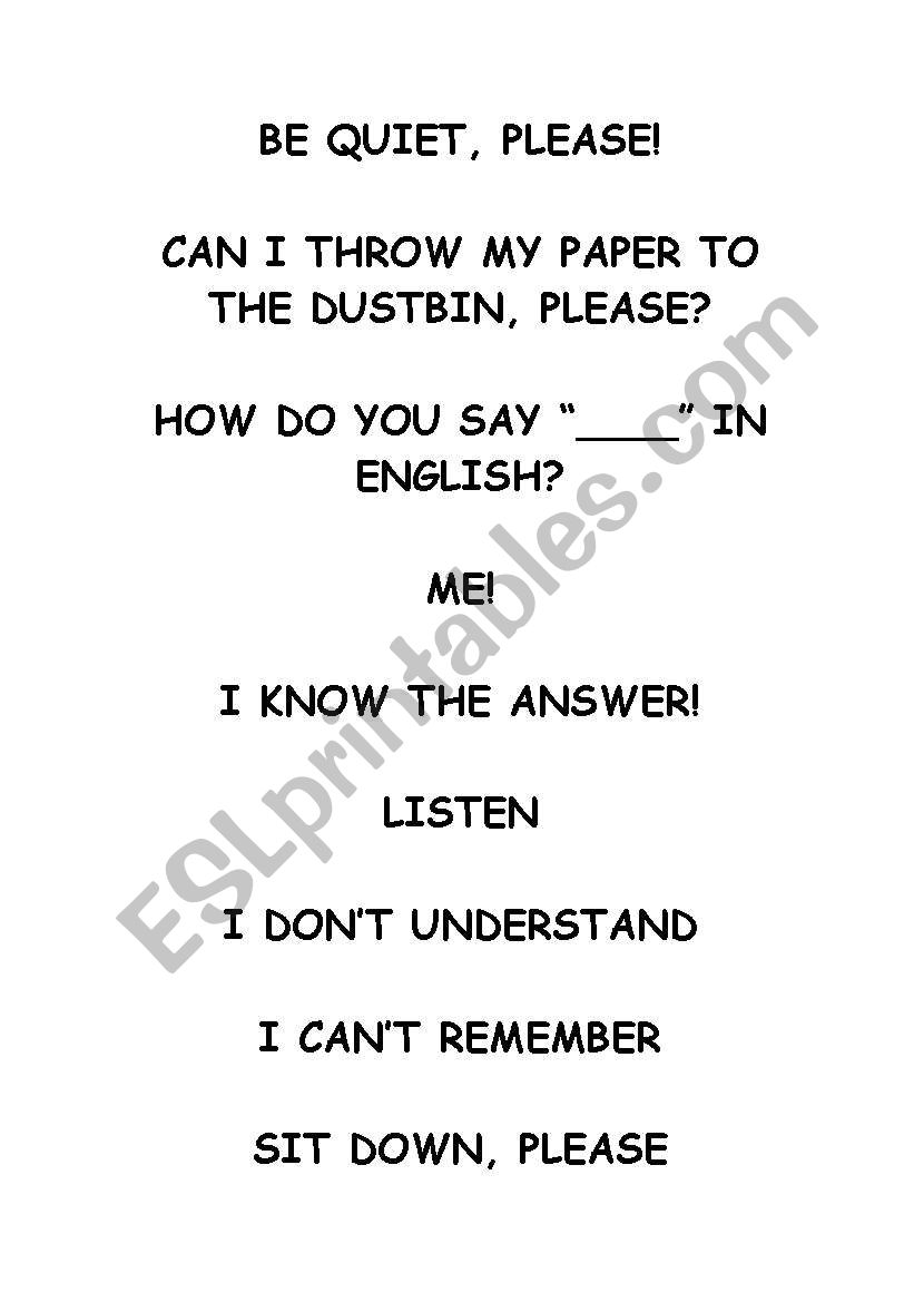 CLASSROOM LANGUAGE SENTENCES ESL Worksheet By Daphne