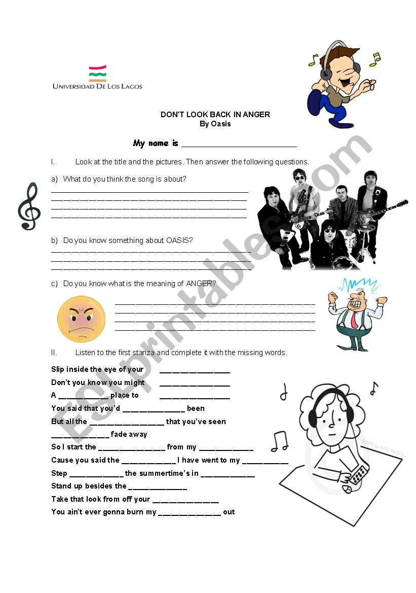 Listening Activities - Don´t look back in anger - Oasis - ESL worksheet ...