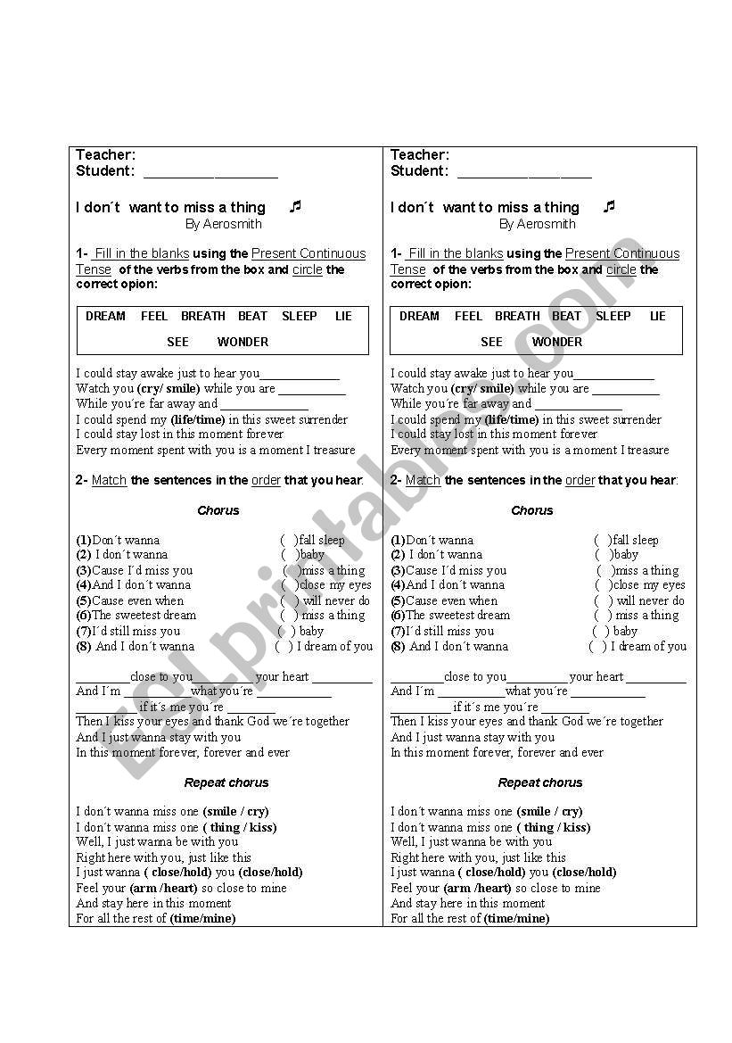 I don´t wanna miss a thing - ESL worksheet by porcelaindoll