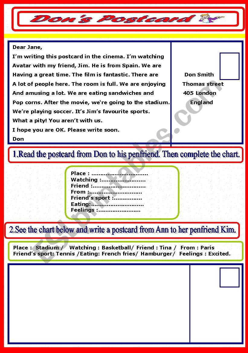 Don´s postcard ( Reading and writing a simple postcard) - ESL worksheet ...