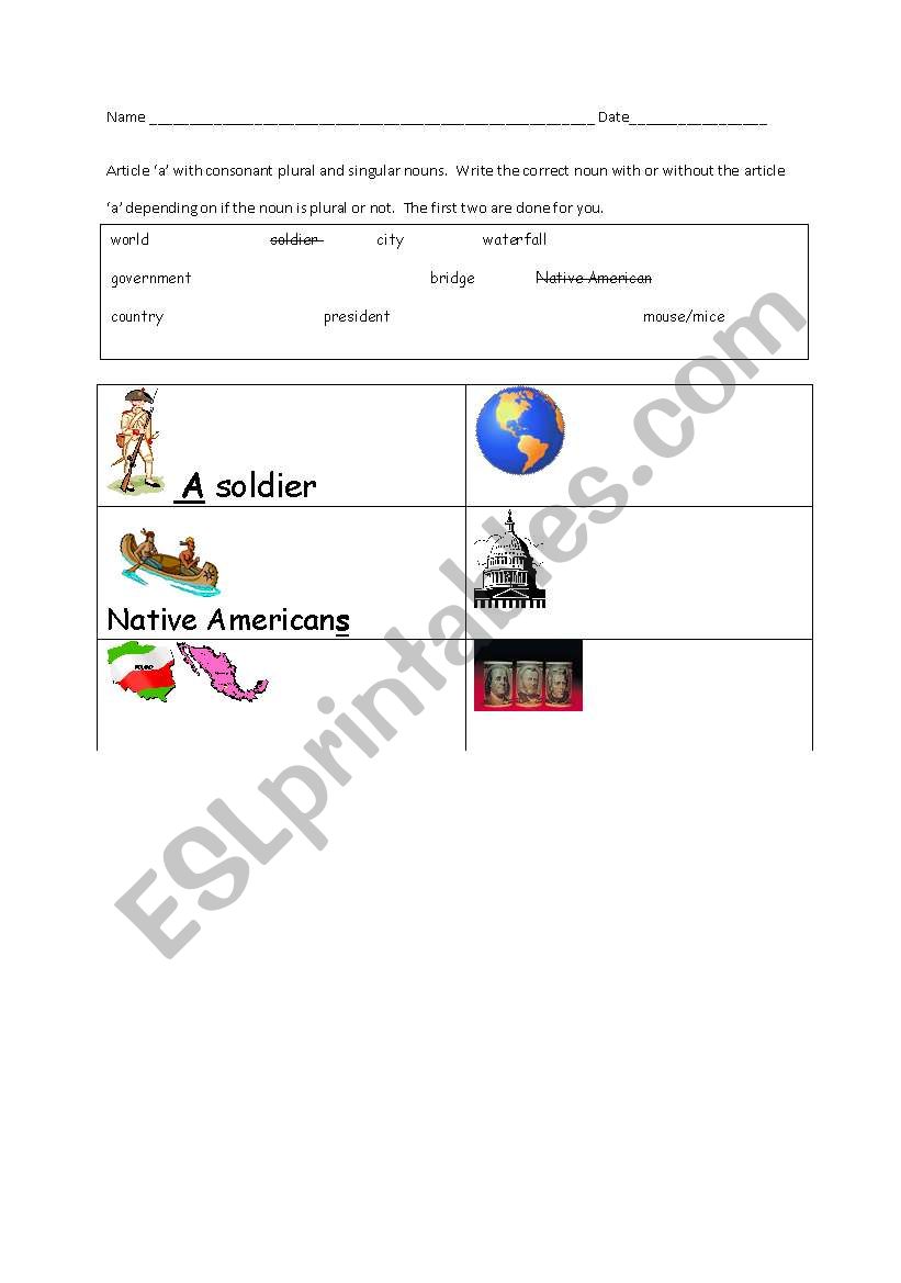 English worksheets: Article ´a´ with consonant plural and singular nouns