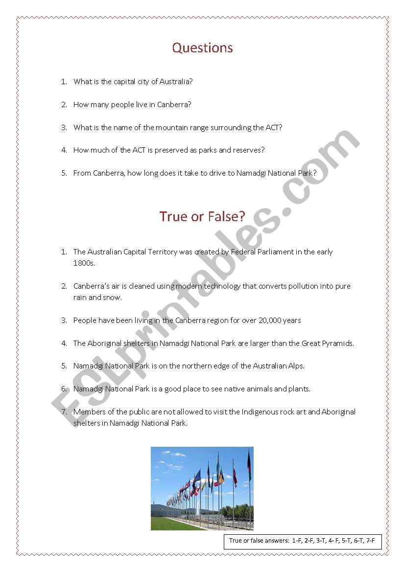 Canberra Australia Worksheet Australian Capital Territory (A.C.T.)