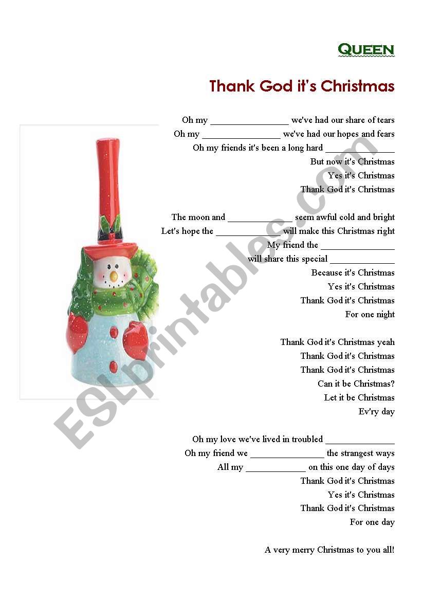 A song -Thank God it´s Christmas- by Queen - ESL worksheet by dr.Jane
