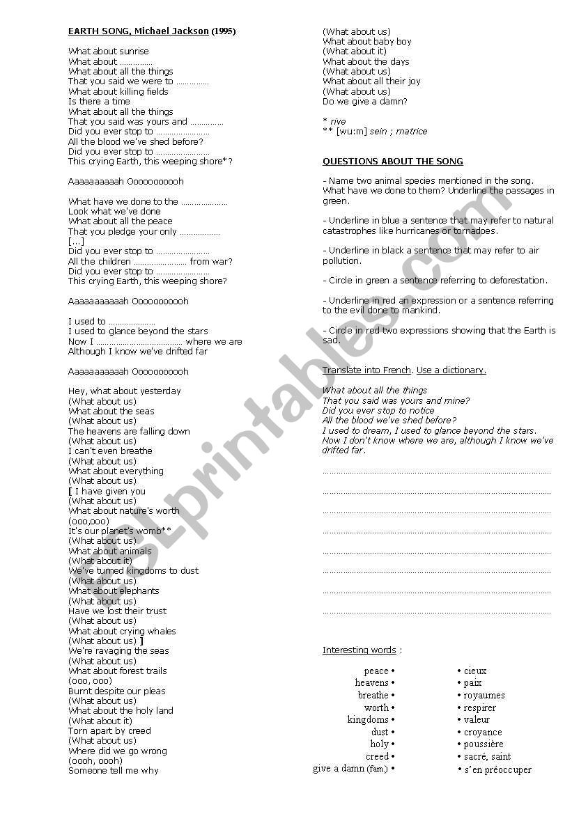Michaël Jackson-Earth Song - ESL worksheet by babiloman