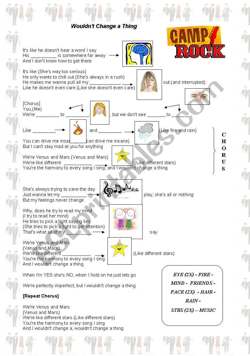 CAMP ROCK SONG: Wouldn´t change a thing (key included) - ESL worksheet ...