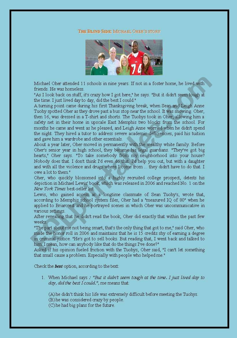The Blind Side: Michael Oher´s story - w/ key - ESL worksheet by ...