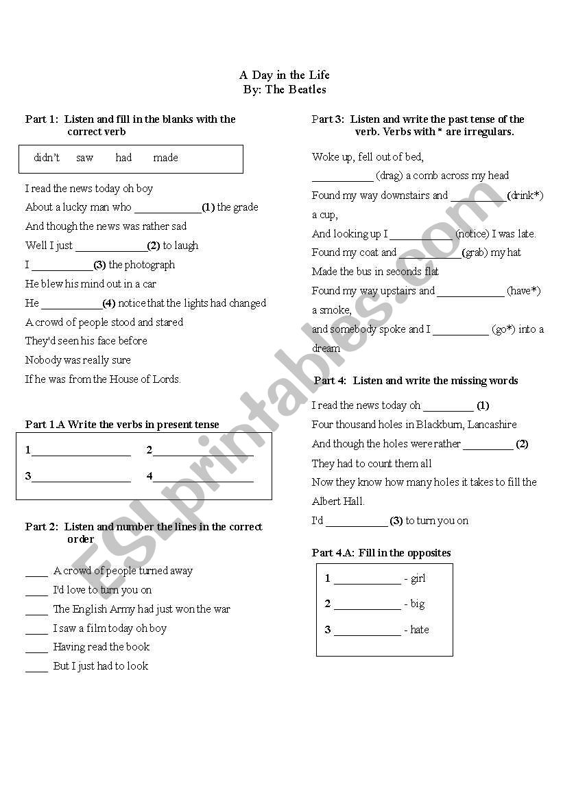 The Beatles - A Day in the Life (Past Simple Tense) - ESL worksheet by ...