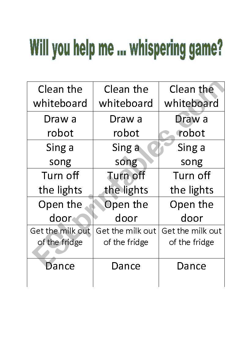 ´Will you help me...´ whispering game and worksheet - ESL worksheet by ...