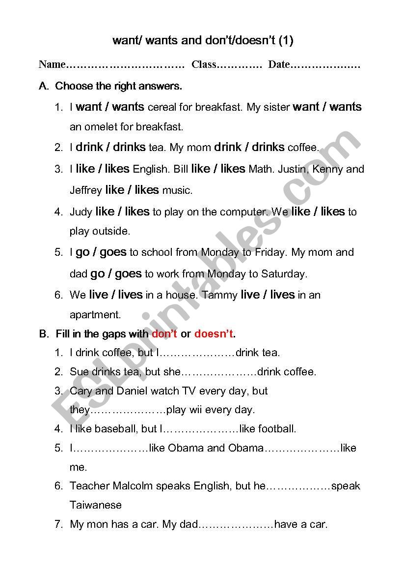 want/ wants and don´t / doesn´t - ESL worksheet by ctp168