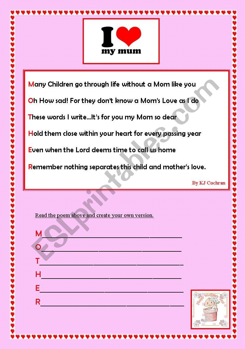 Poem - Mother´s day - ESL worksheet by NanG