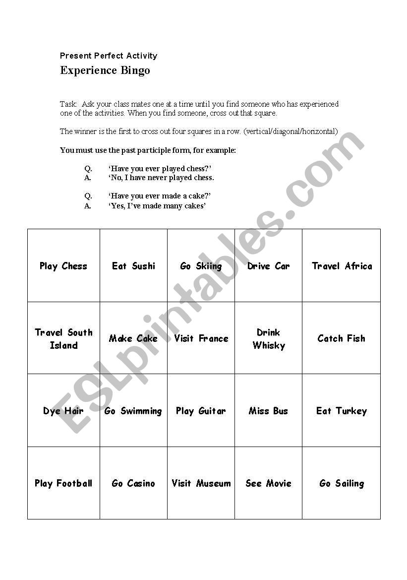 Experience bingo for present perfect - ESL worksheet by justin.crooks